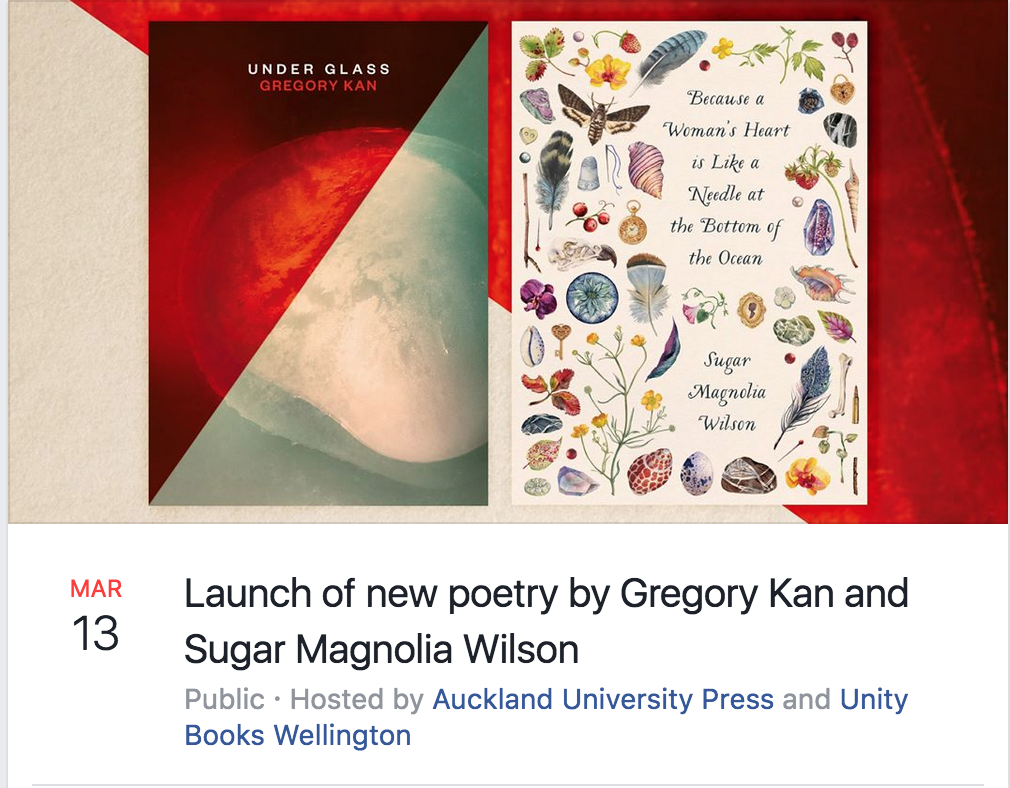 Poetry Shelf Newsboard: Sugar Magnolia Wilson and Gregory Kan launch | NZ Poetry Shelf